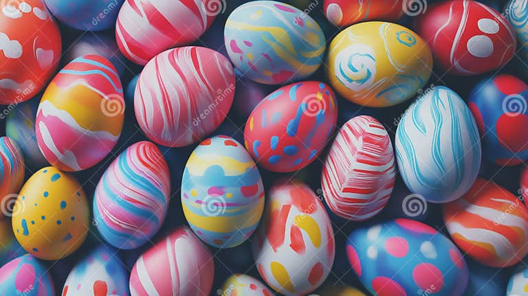 Vibrant Top-down View of Colorful Hand-painted Easter Eggs in an Array of Lively Patterns during ...