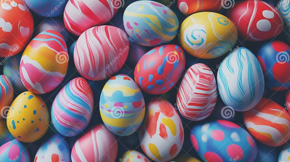 Vibrant Top-down View of Colorful Hand-painted Easter Eggs in an Array of Lively Patterns during ...