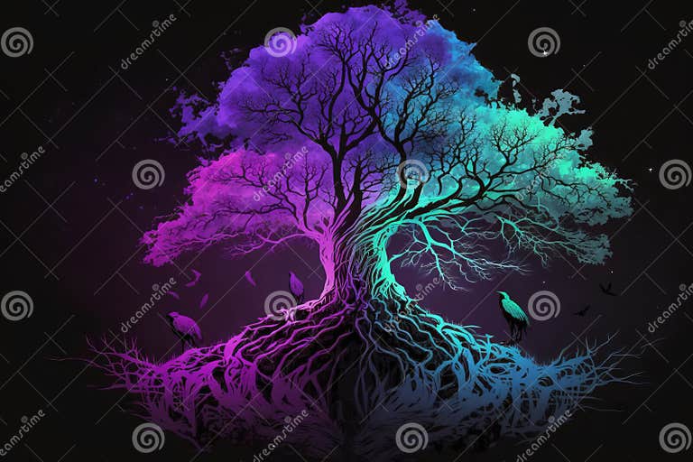 A Vibrant Tree with Blue and Purple Leaves and a Large Root System ...