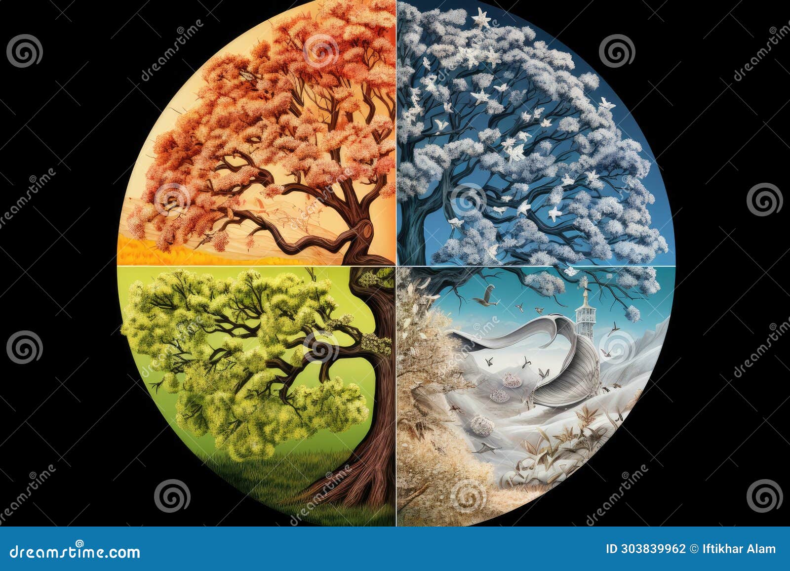 A Vibrant Tree Divided into Four Distinct Sections, Each Displaying a ...