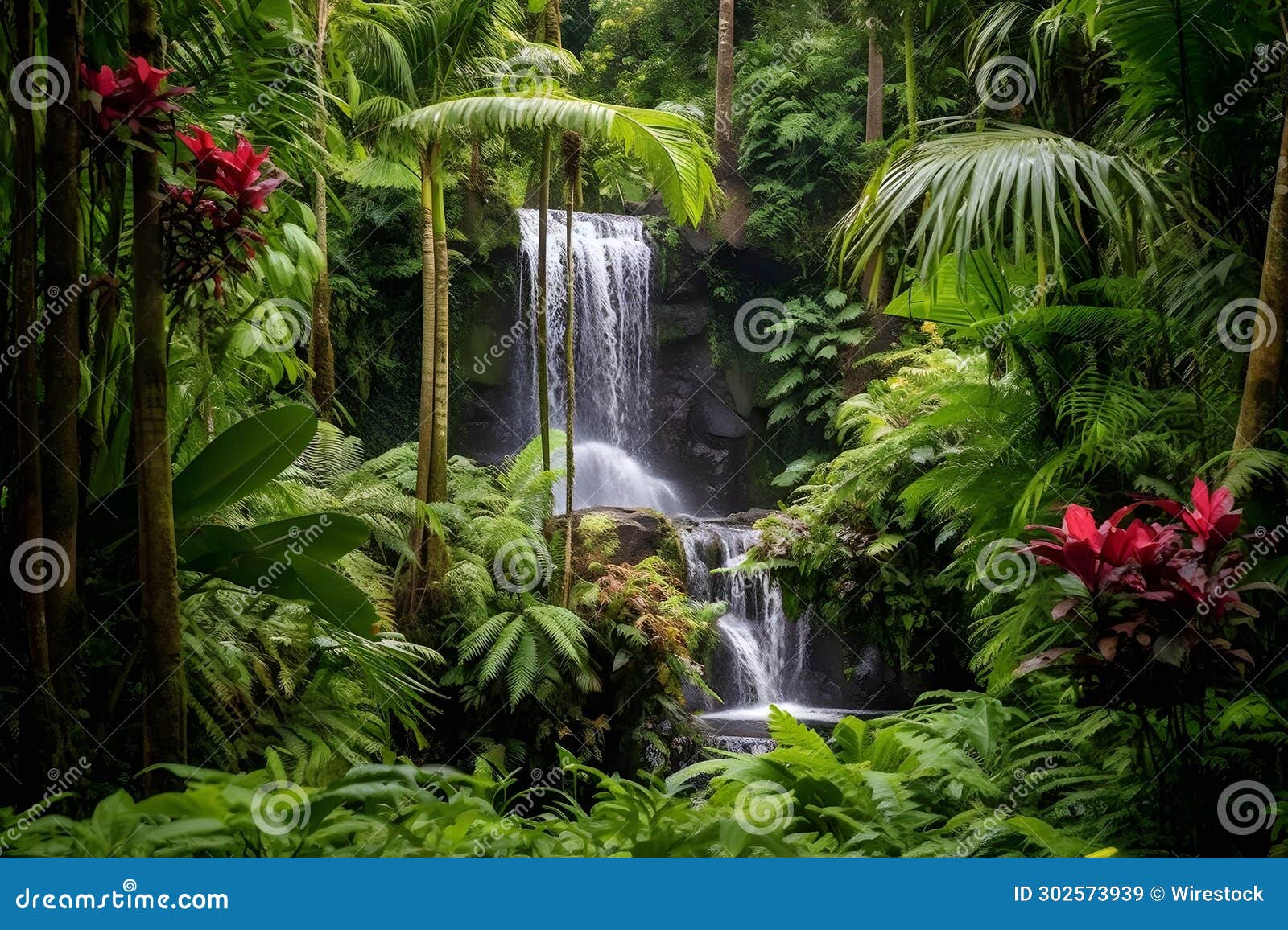 Vibrant Tropical Waterfall Cascading Down a Rocky Slope Surrounded by ...