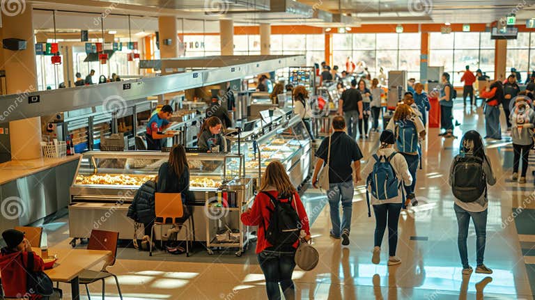 Vibrant University Cafeteria Featuring an Array of Diverse Food ...