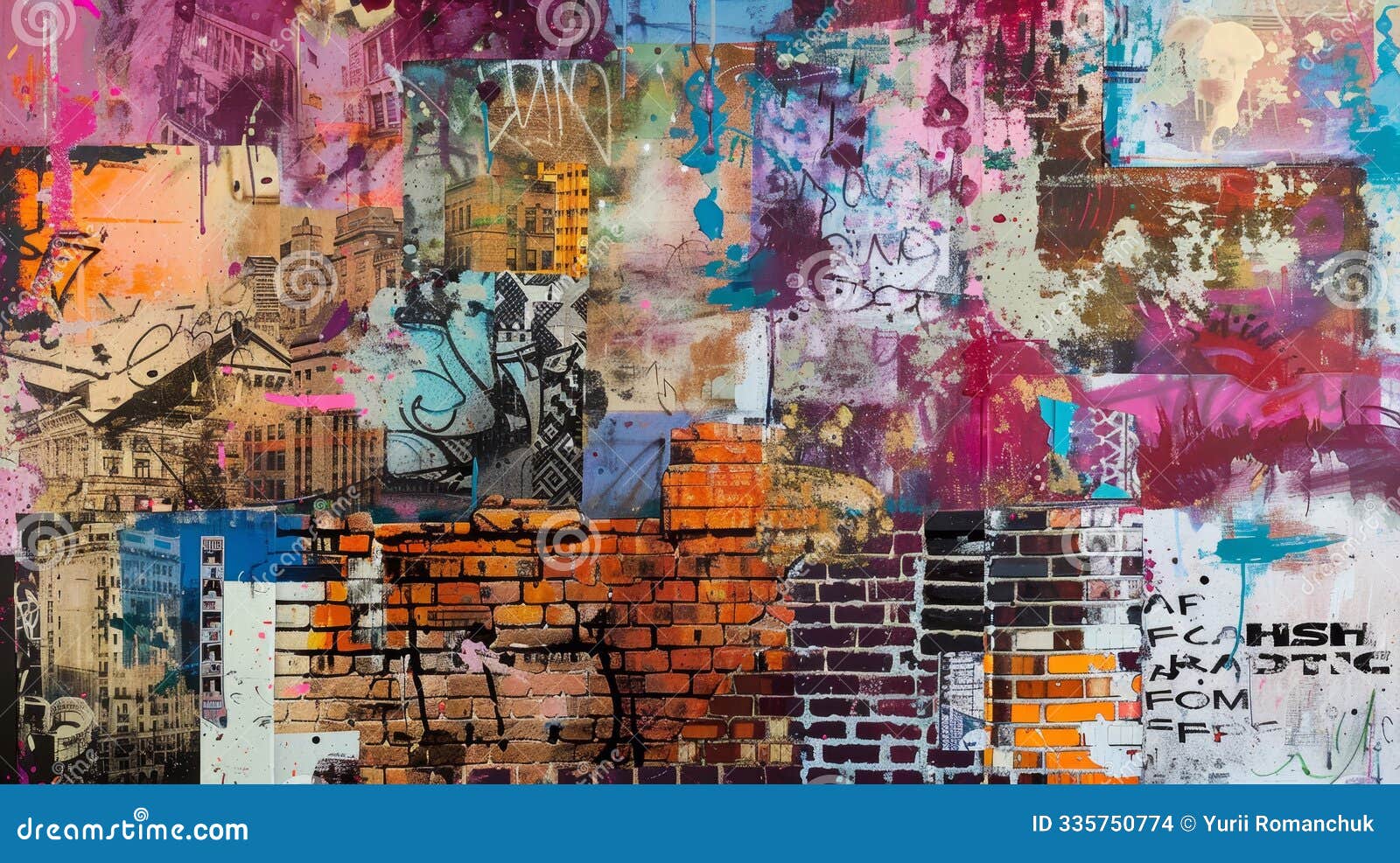 Vibrant Urban Collage a Dynamic Fusion of Graffiti, Brick Patterns, and ...