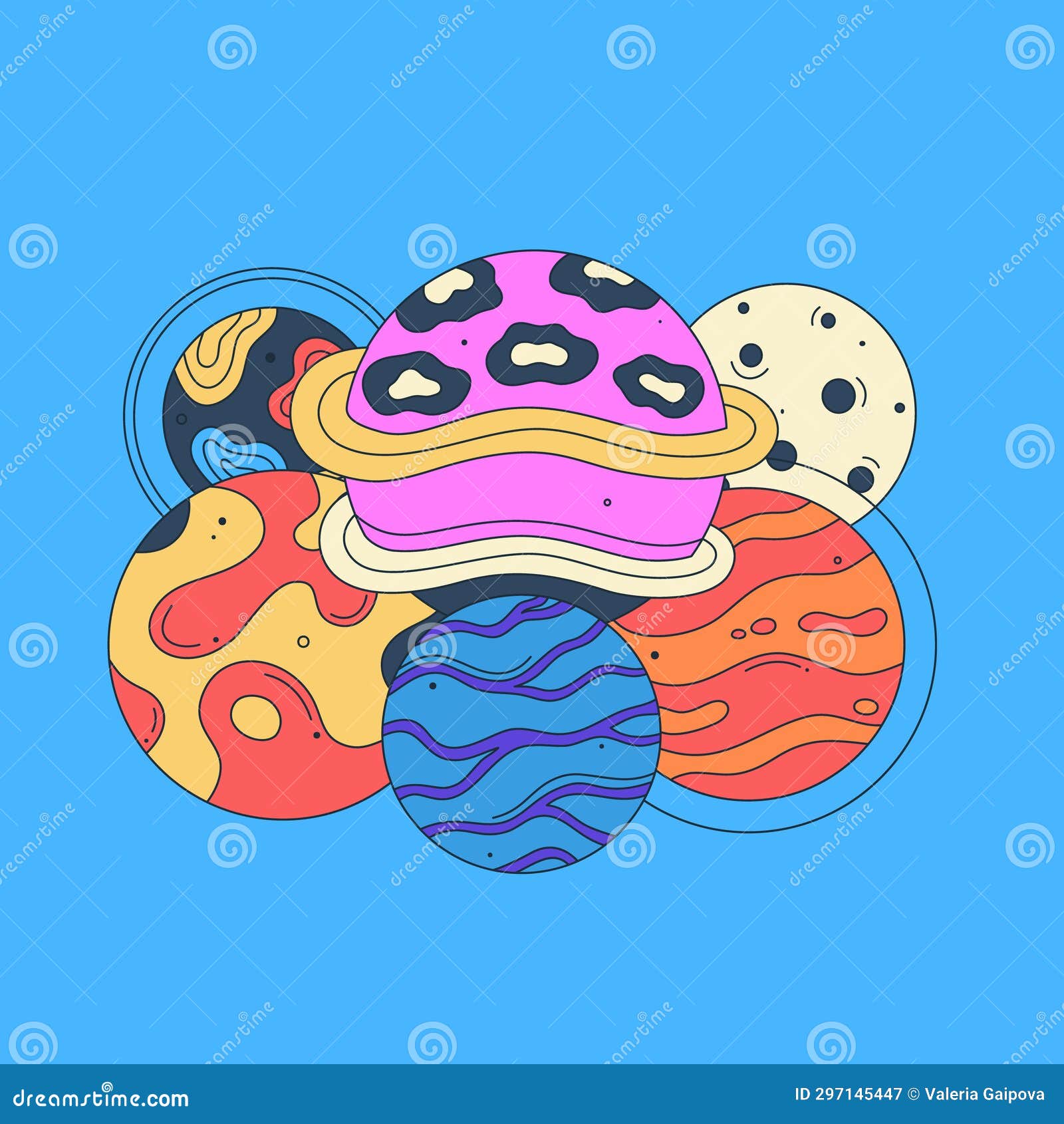 Vibrant Vector Illustration with Abstract Patterned Planets on Blue ...