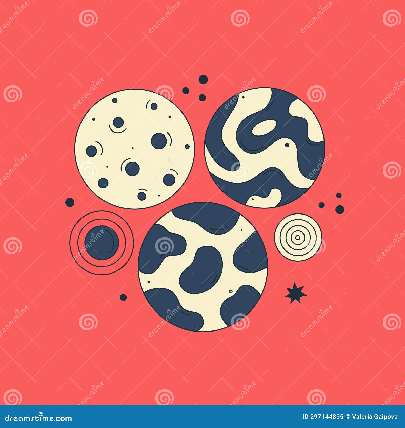 Vibrant Vector Illustration with Abstract Patterned Planets on Red ...