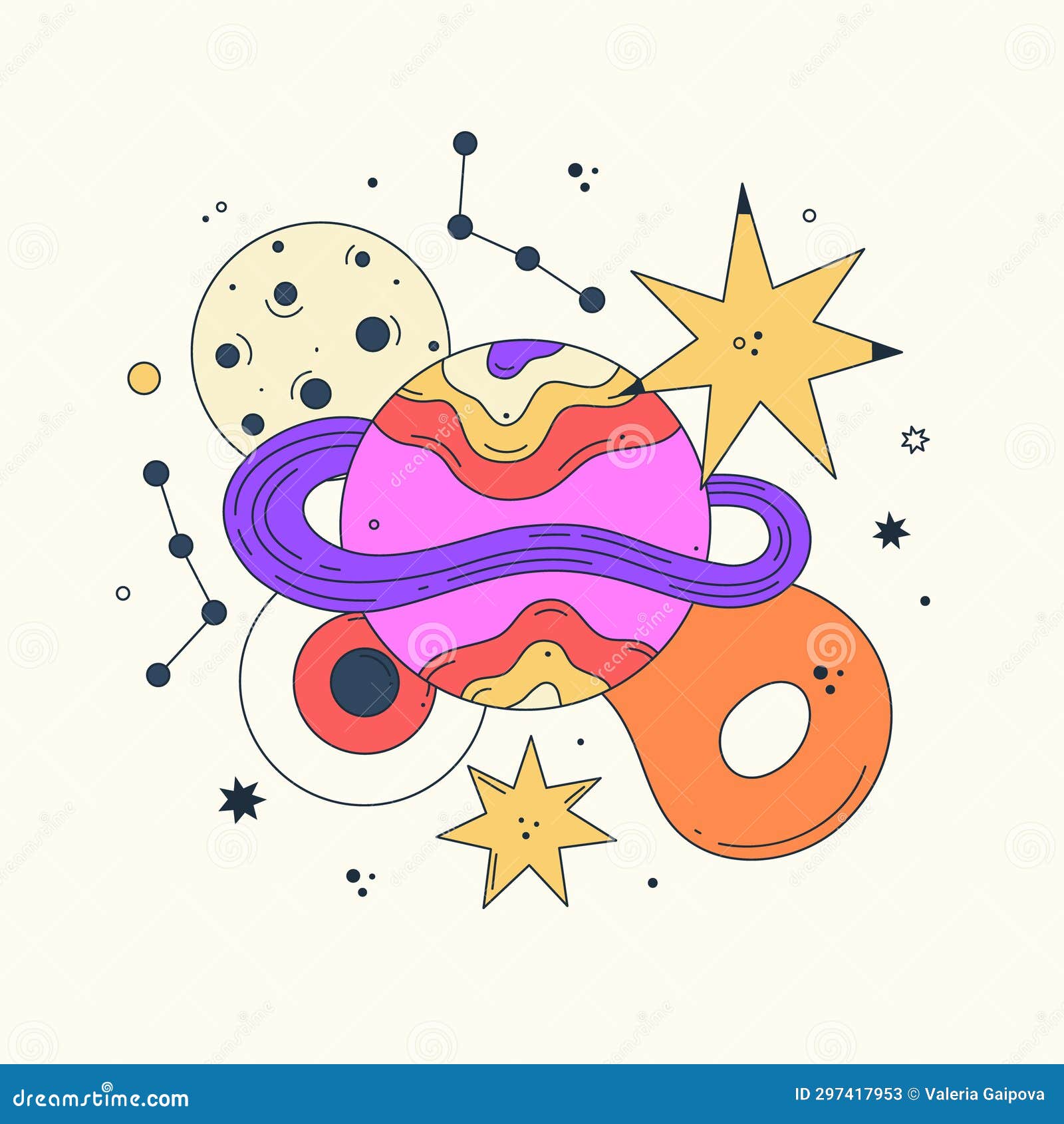 Vibrant Vector Illustration with Abstract Patterned Planets, Stars on ...