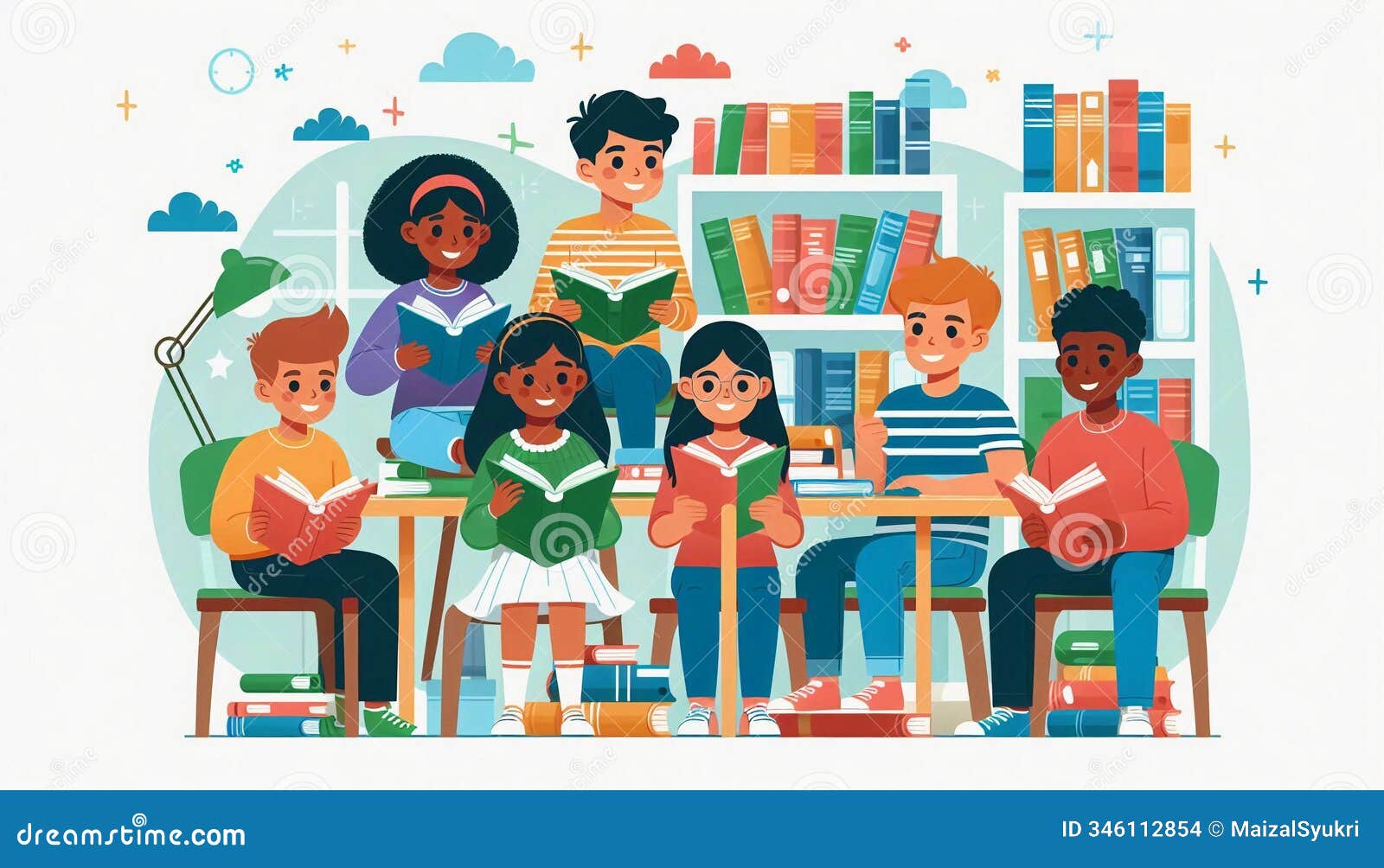Diverse Kids in a Library Reading Books, Learning and Sharing Knowledge ...