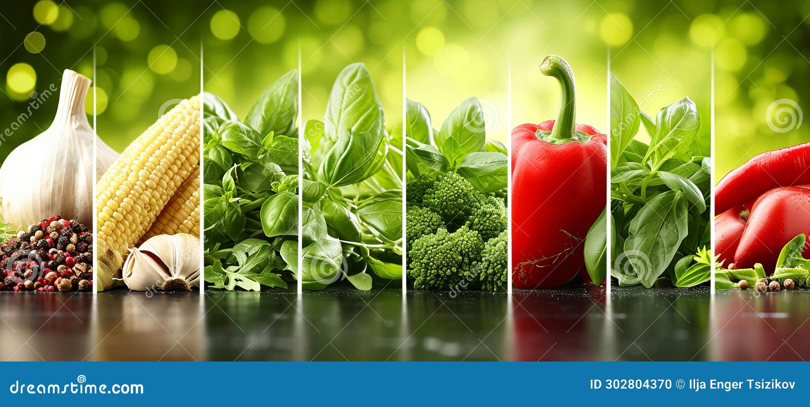 Vibrant Vegetable Collage with White Dividers in Bright Light Forming 7 ...