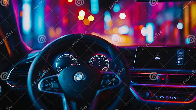 A Vibrant View from Inside a Modern Car at Night. the Dashboard Lights ...