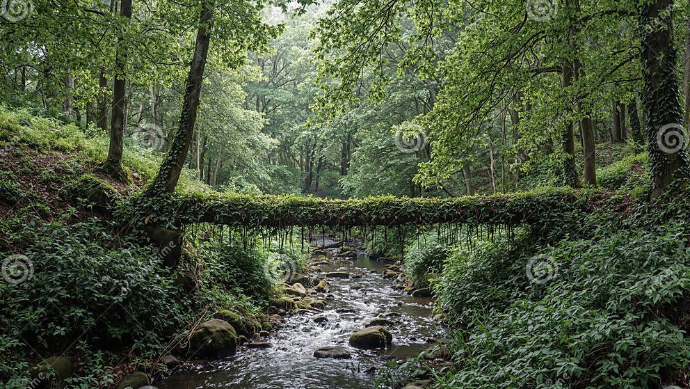 Vibrant Vine Bridge Over Stream in Forest Unity Symbol Stock ...