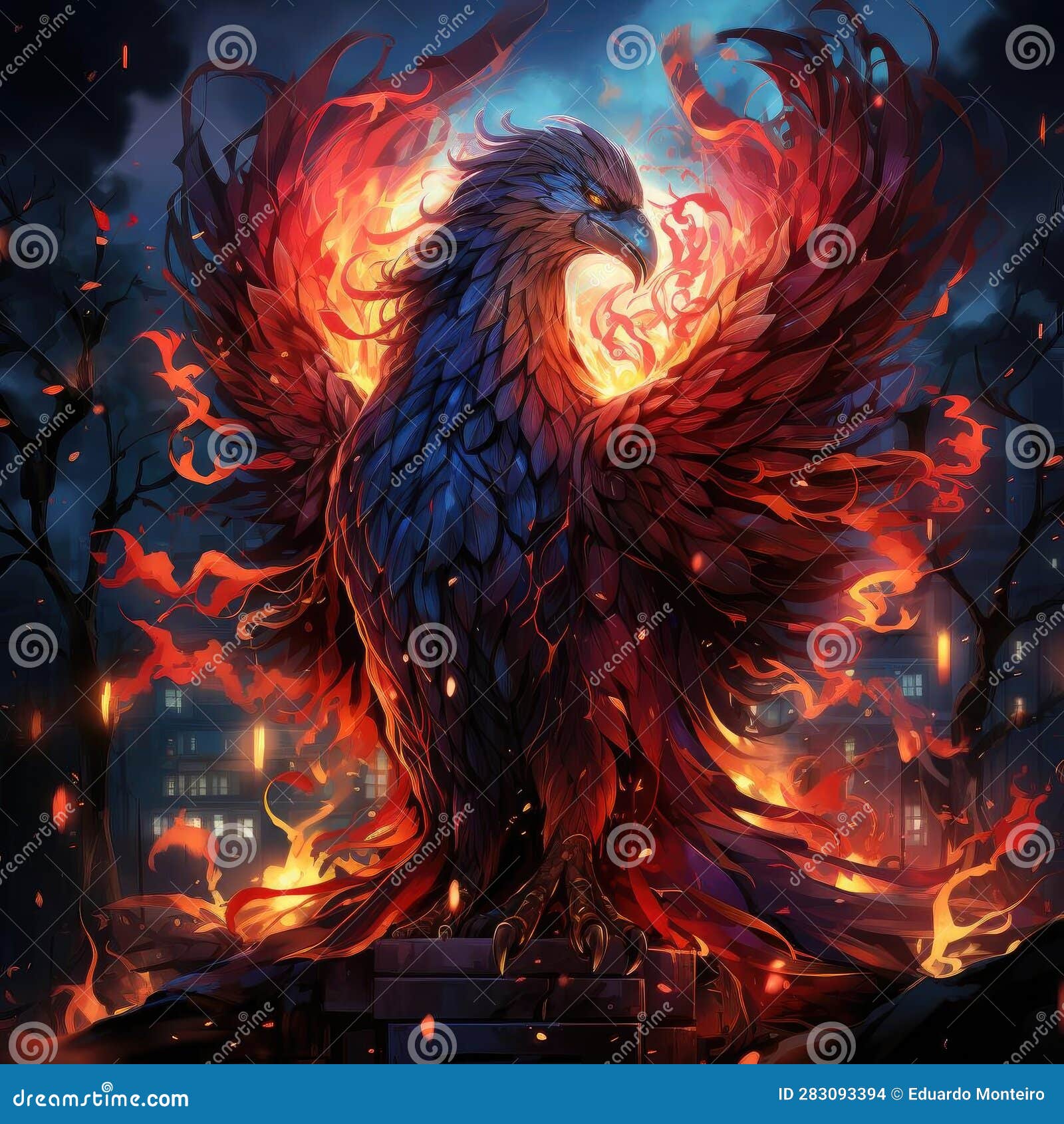 Vibrant Wallpaper Featuring a Fiery Phoenix in Dark Red and Blue Stock ...