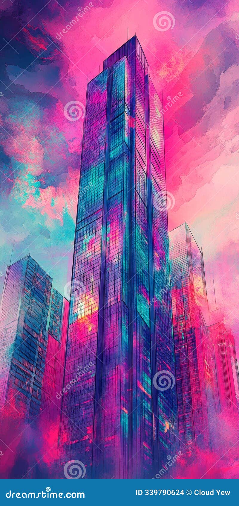 Vibrant Watercolor Illustration of a Synthwave Skyscraper Stock ...