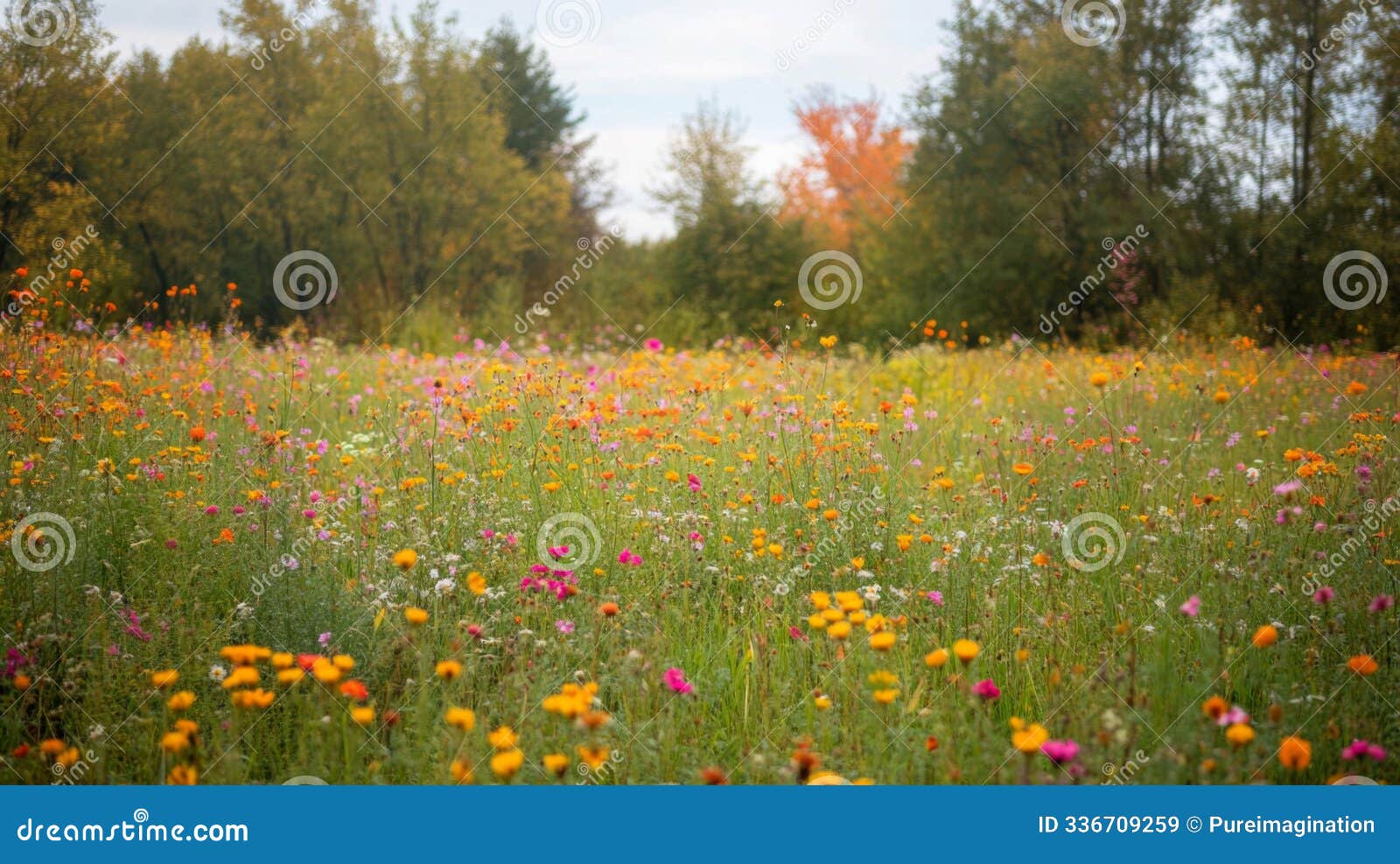 Lush Meadow Blooms With Life, Anchored By A Majestic Green Tree Stock ...