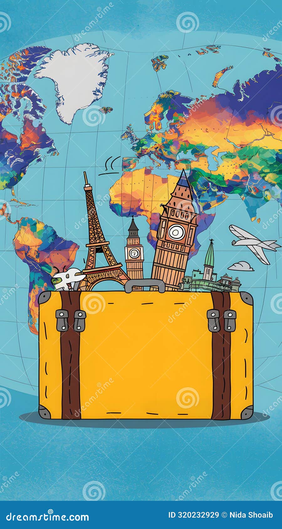 Vibrant World Map with Iconic Landmarks and Objects Spilling Out of a ...