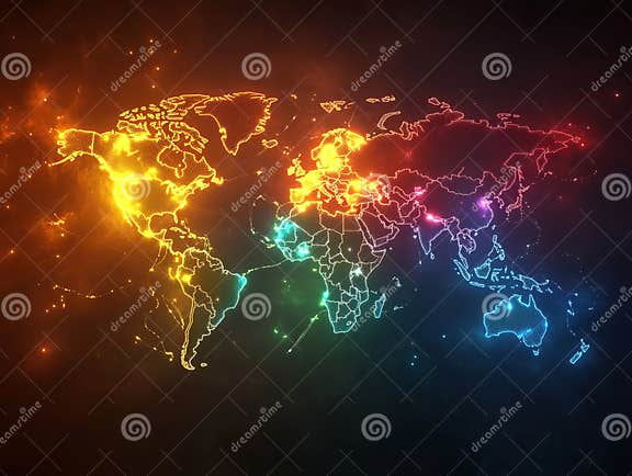 Vibrant World Map Illuminated with Glowing Tech Elements, Showcasing ...