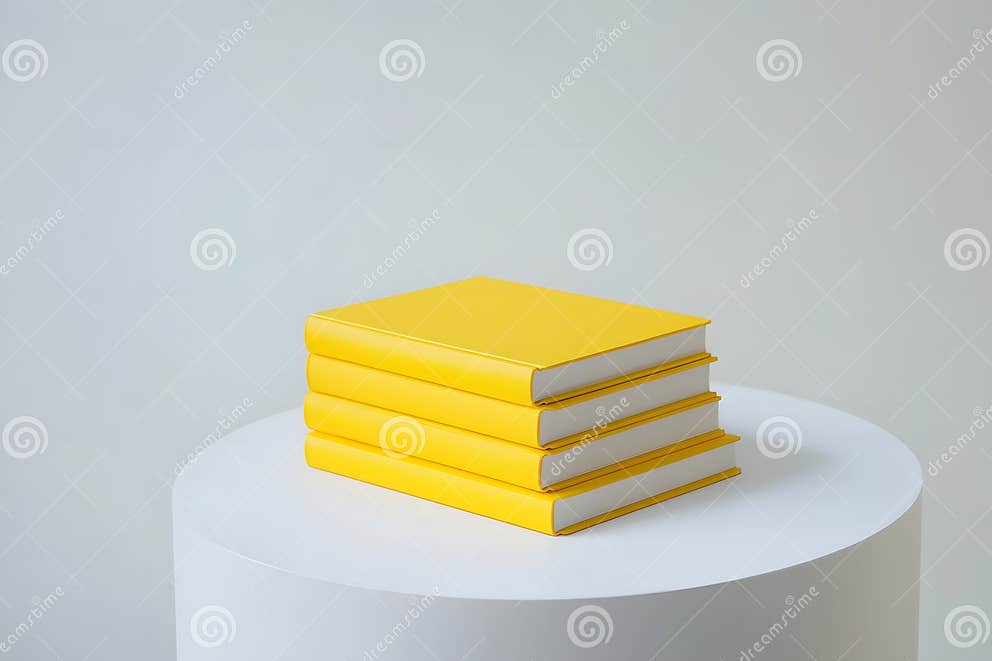Vibrant Yellow Books Stacked on a White Table Under Soft Lighting Stock ...