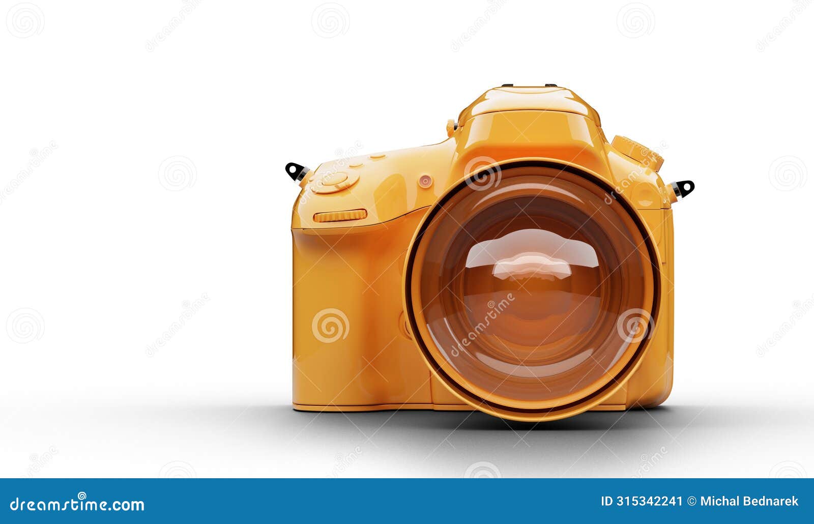 Vibrant Yellow DSLR Camera Front View with Large Lens Stock ...