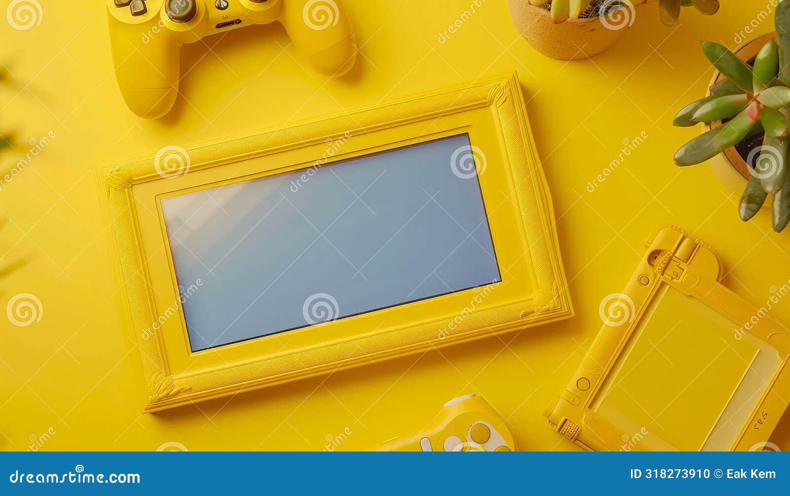 Vibrant Yellow Gaming Setup with Handheld Console, Wireless Controller ...