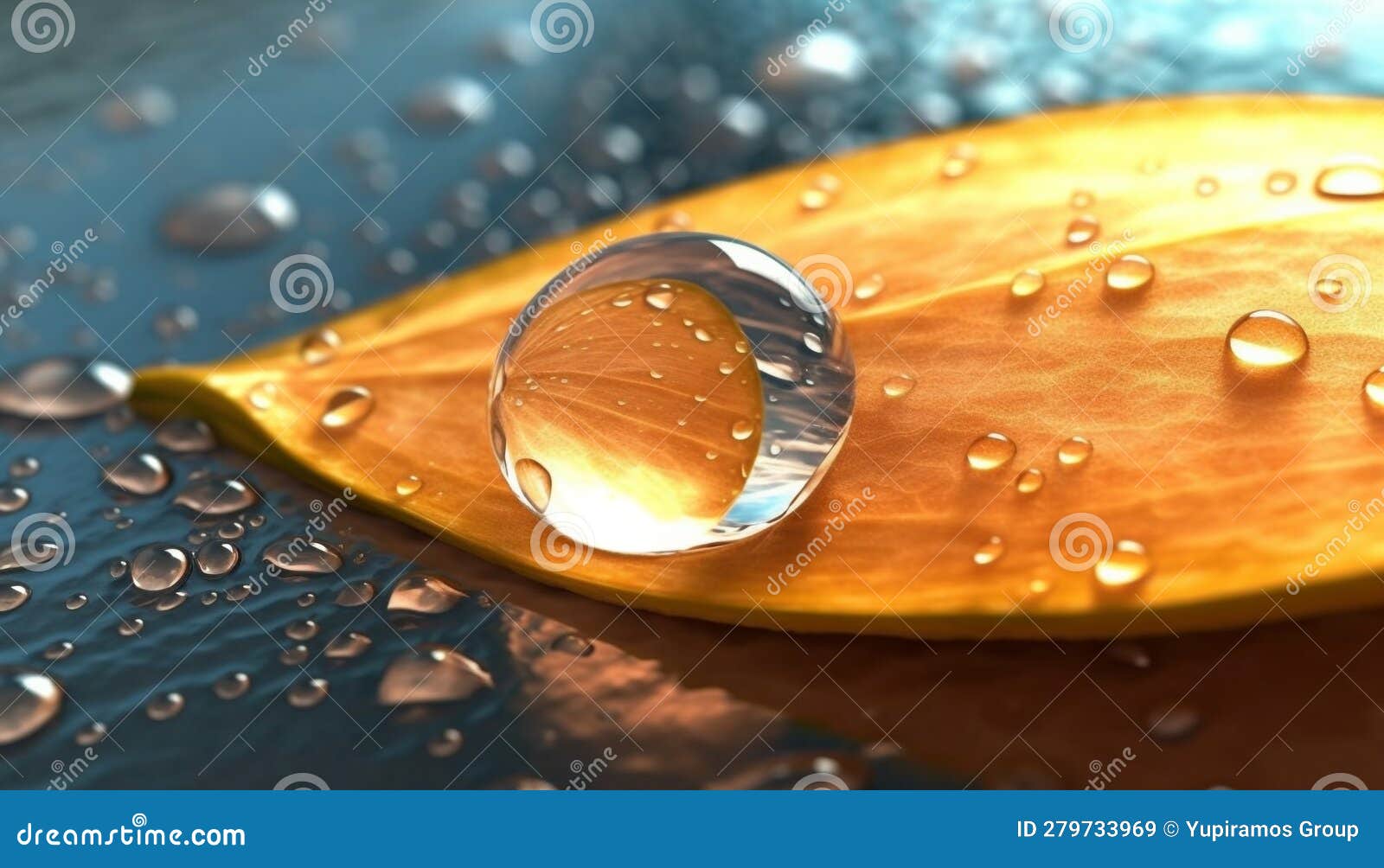 Vibrant Yellow Raindrop on Green Leaf, Reflecting Nature Beauty ...