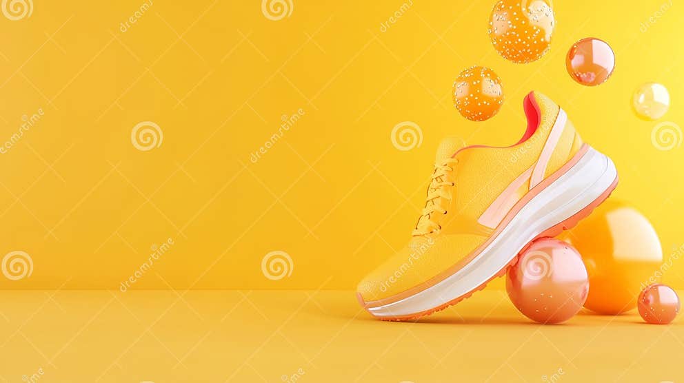 Vibrant Yellow Sneaker with Floating Bubbles on Bold Background Stock ...