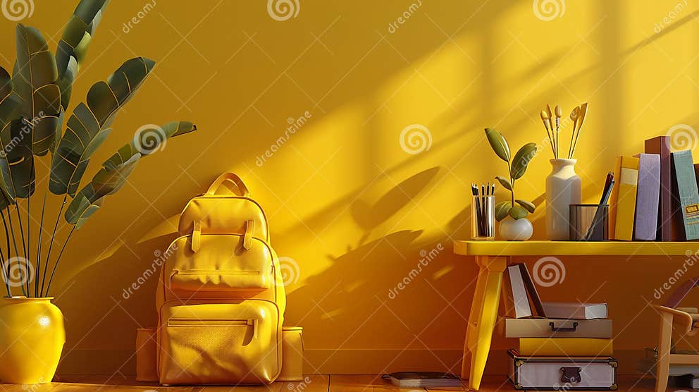 Yellow Backpack Minimalist Still Life Modern Room Design 3d Desk Home ...