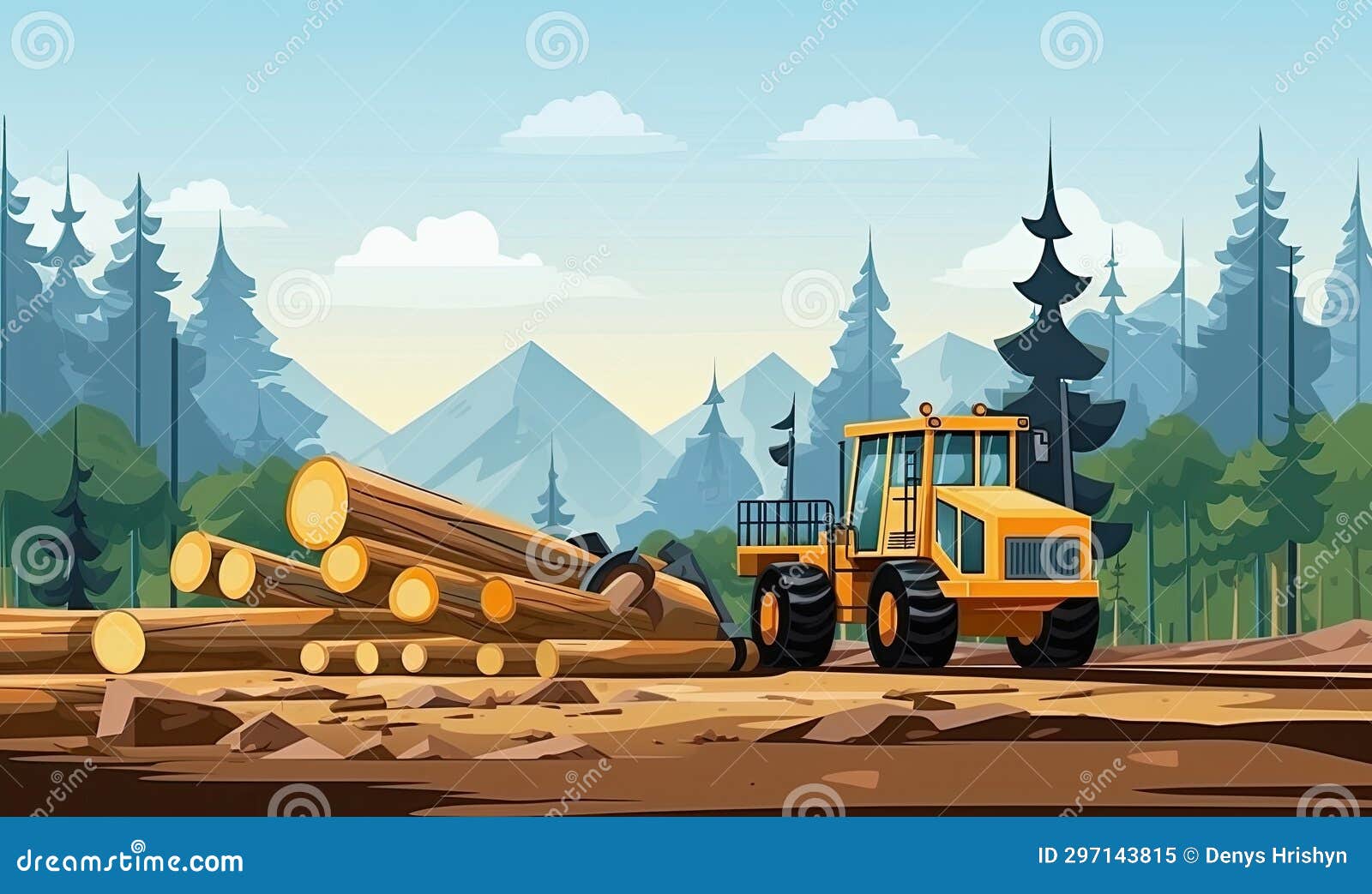 A Vibrant Yellow Tractor Surrounded by a Stack of Timber Stock ...