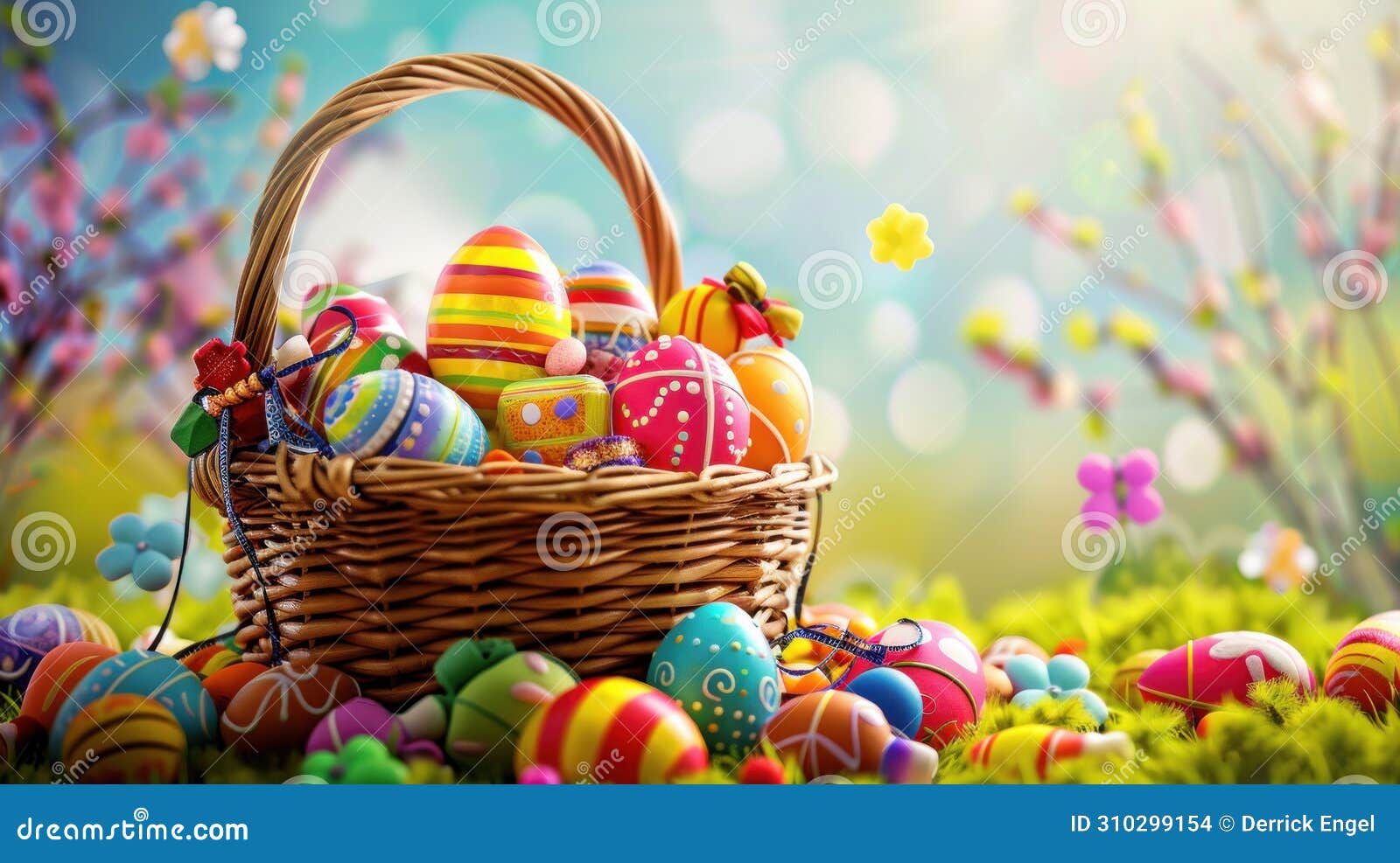 Vibrantly Colored Easter Eggs in a Wood Basket on Spring Themed ...