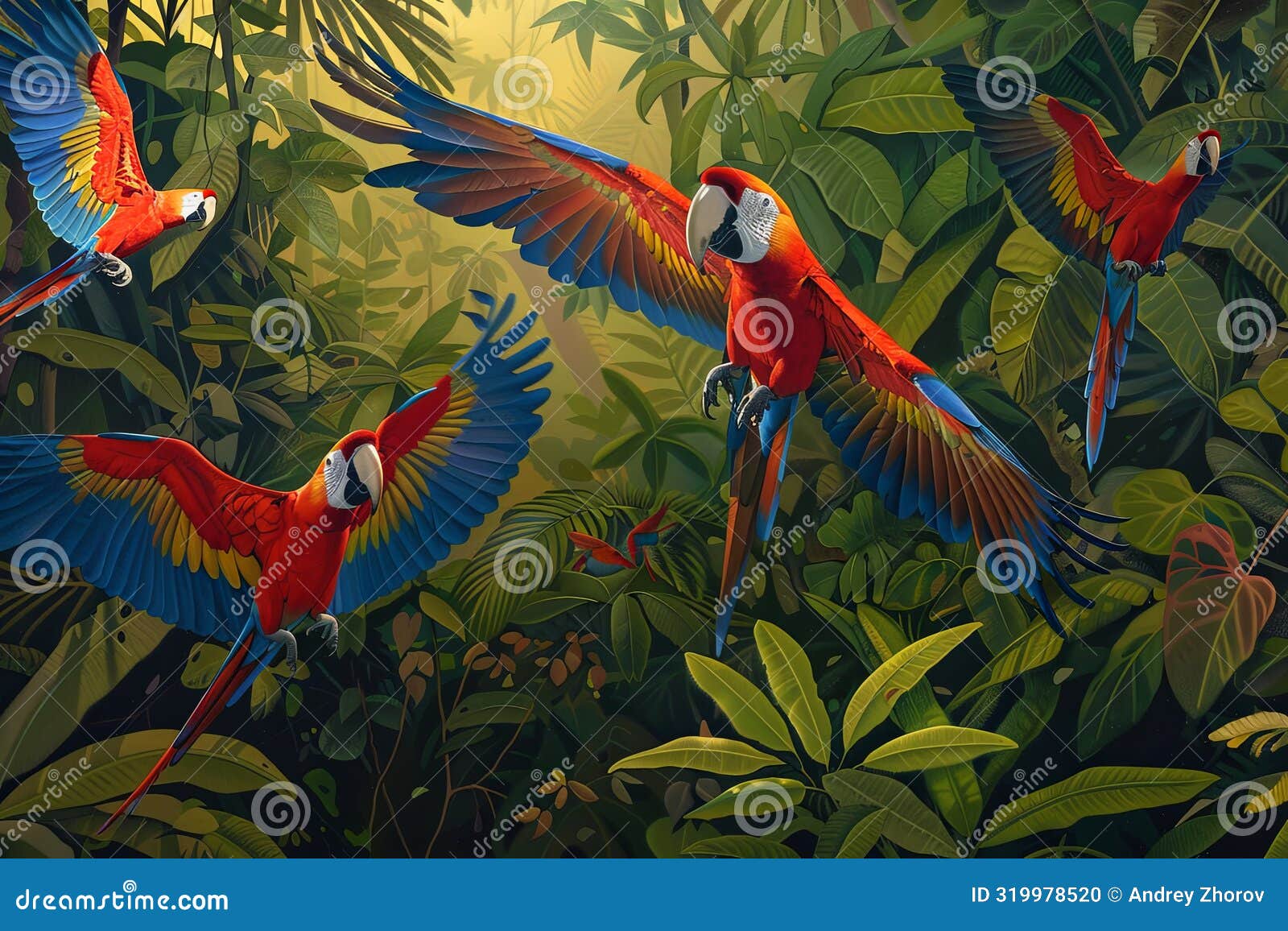 Vibrantly Colored Macaws Soaring through Lush Jungle Foliage Stock ...