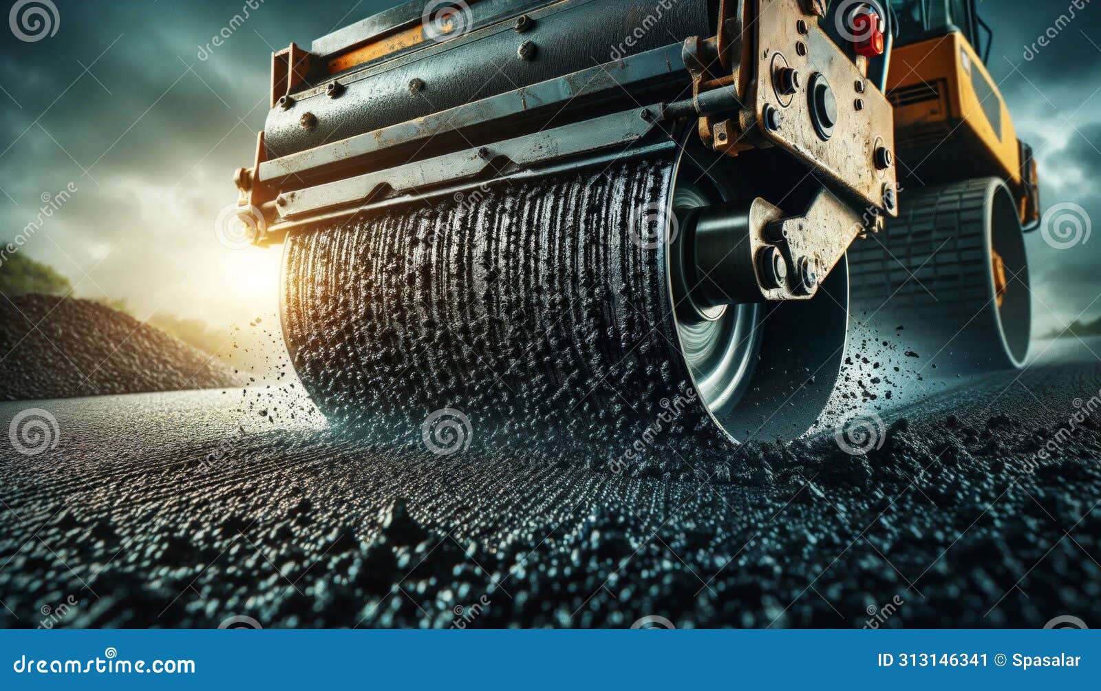 Vibratory Roller Compacts Fresh Asphalt on the Road. Generative AI ...