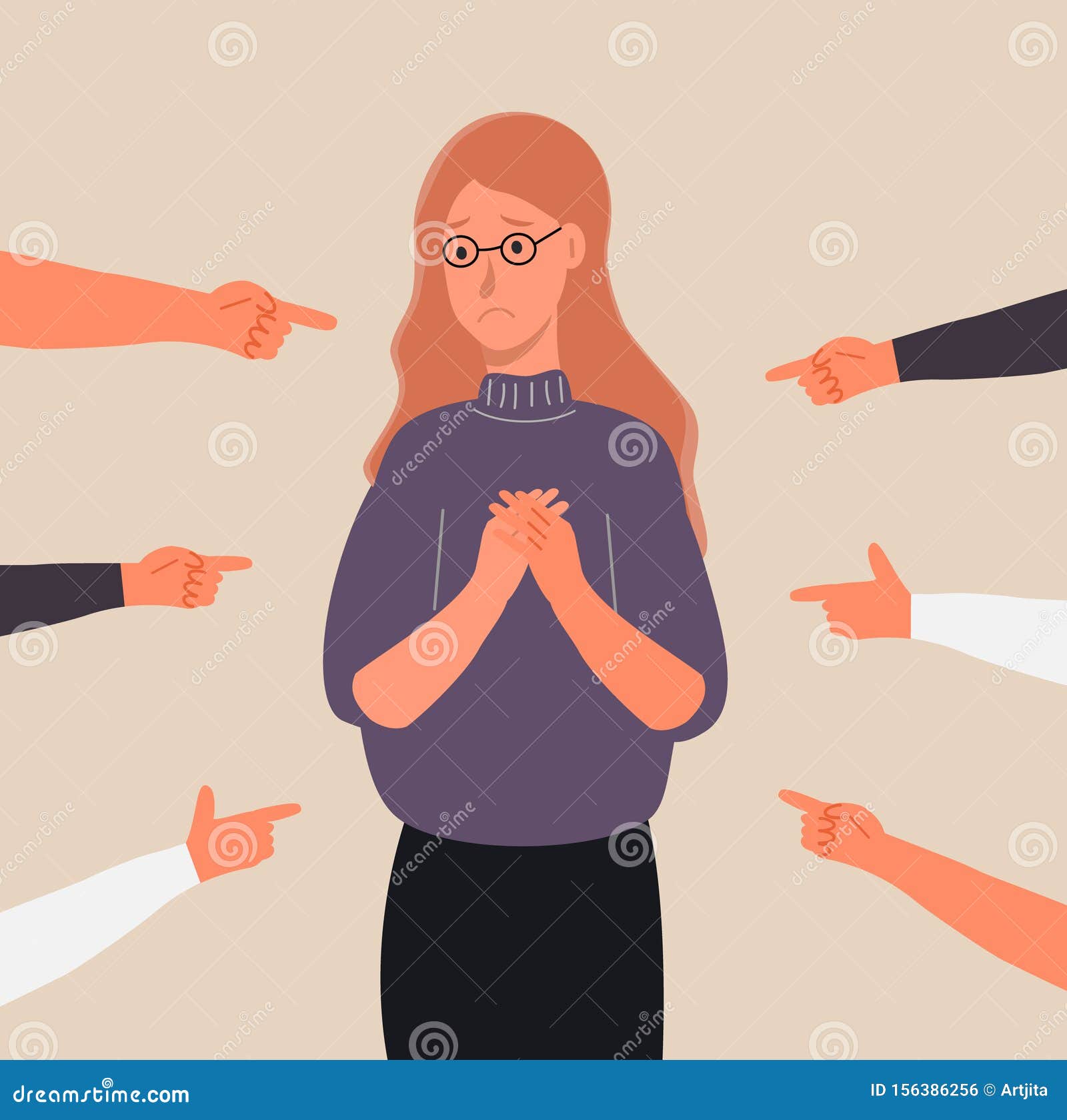 Victim Woman Scene in Society. Stressed Girl in Shame and Hands with ... Victim Woman Scene in Society. Stressed Girl in Shame and Hands with ...