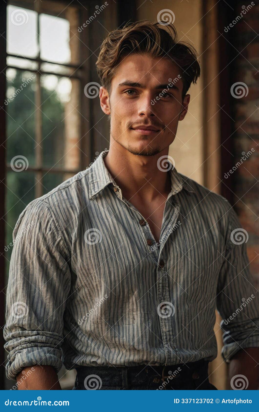 Victorian Age Worker in a Rustic Setting Posing Confidently Against a ...
