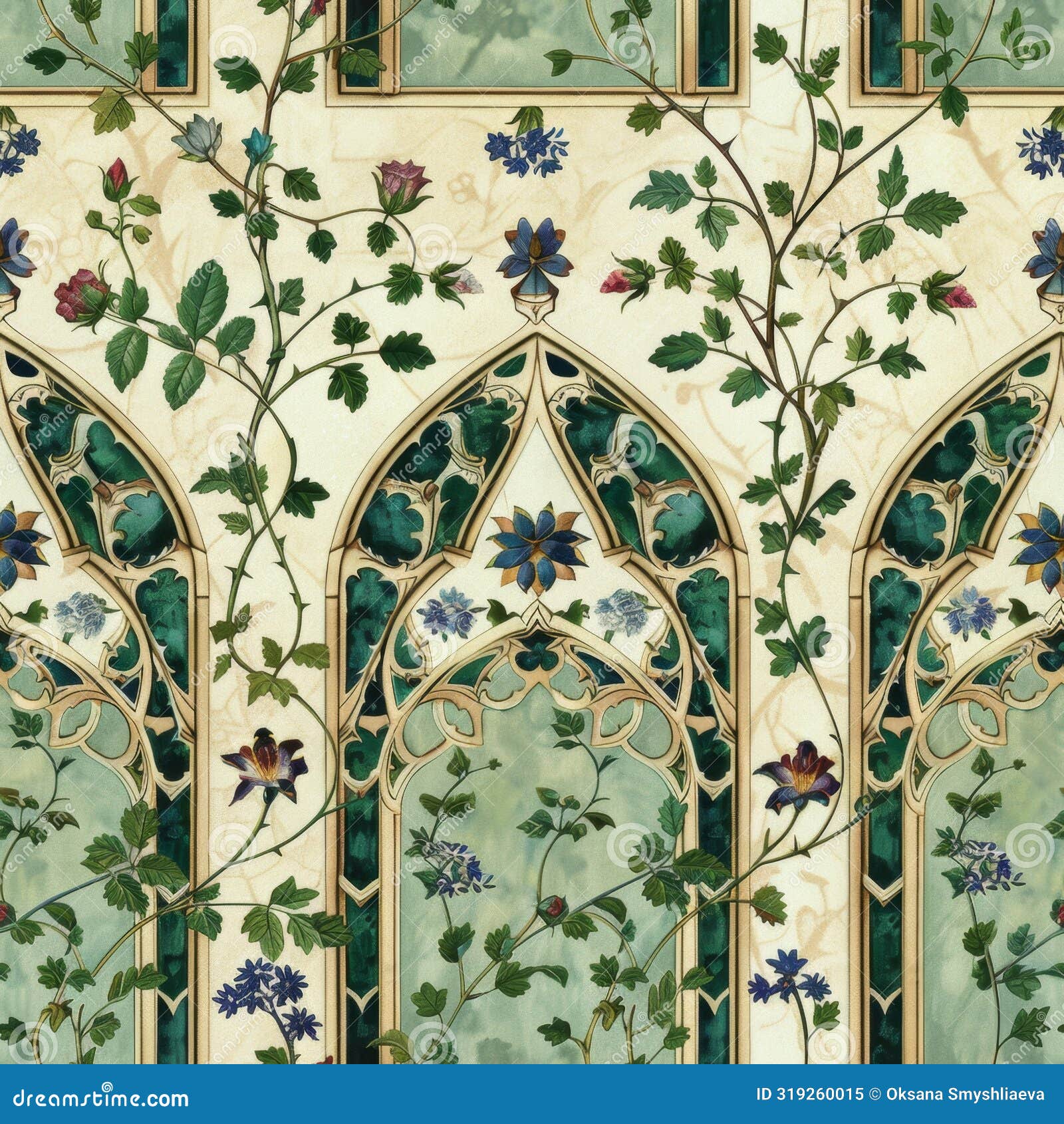 Victorian Botanical Wallpaper With Gothic Arch Patterns Royalty-Free ...