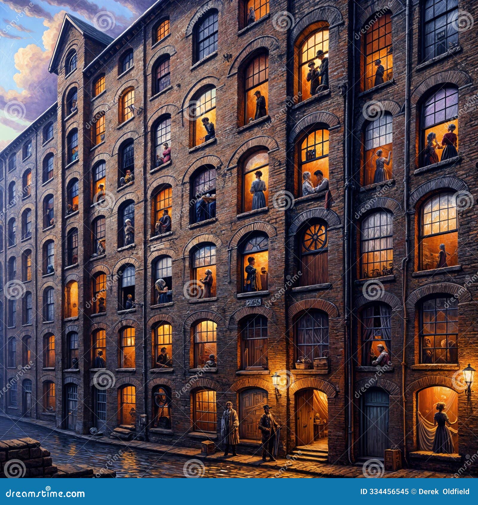 "Victorian Workers at the Mill Windows," (Gen, a.I.) Stock Illustration ...