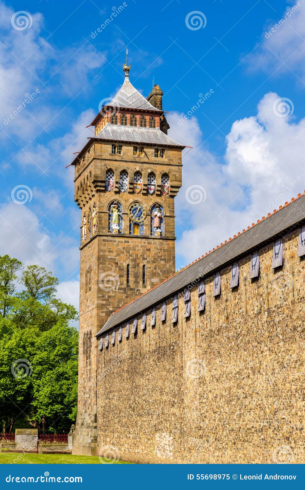 Victorian Clock Tower of Cardiff Castle Stock Image - Image of flag ...