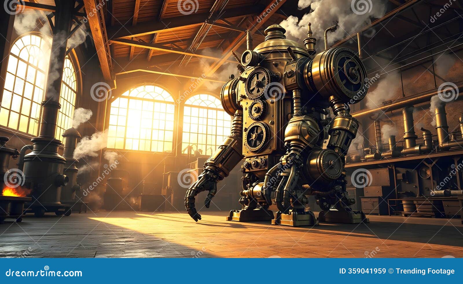 Victorian Era Clockwork Android In Rustic Ironworks Factory With ...