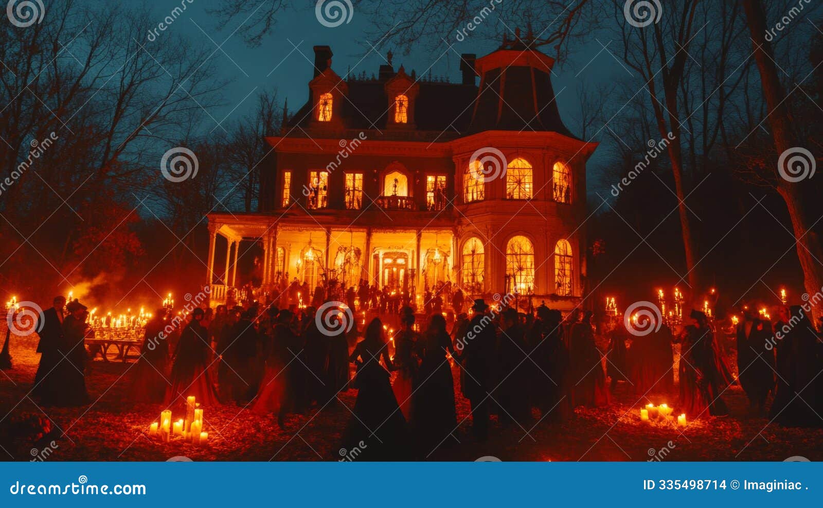A Victorian-Era Gathering Outside a Lit-Up Mansion at Night Stock ...