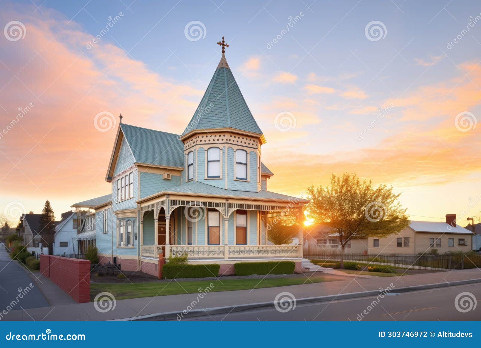 Victorian Home with Bay Window at Sunset Stock Illustration ...