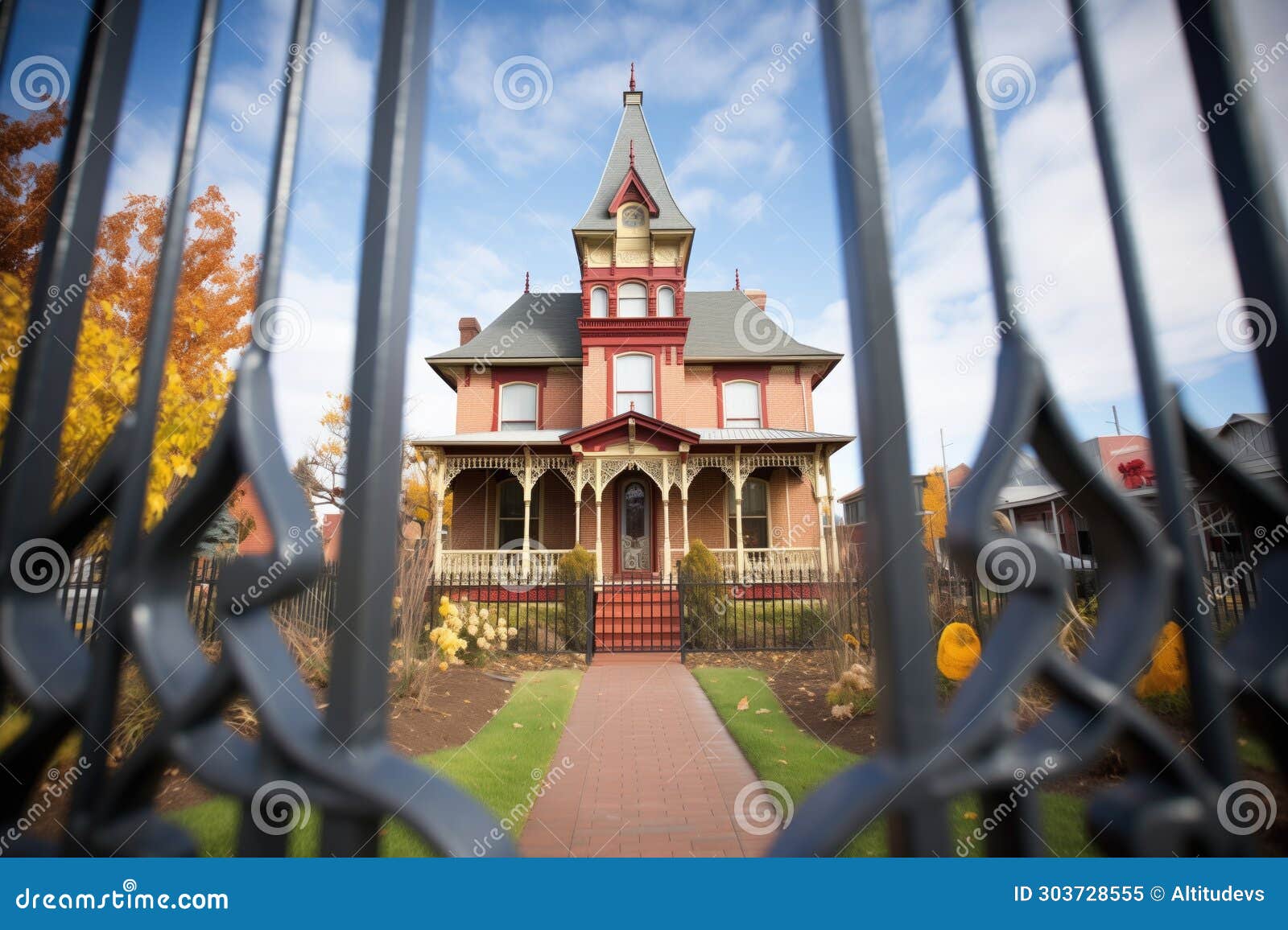 Victorian Home with Turret Viewed through Wrought Iron Gate Stock Image ...