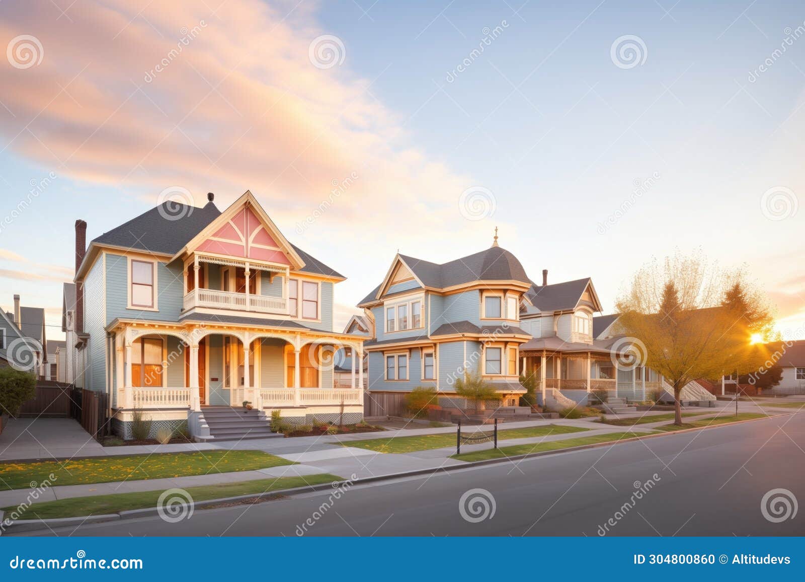 Victorian Homes Captured during Golden Hour Lighting Stock Photo ...