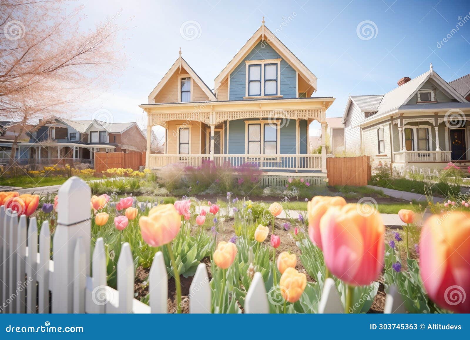 Victorian Homes with Flowers in Bloom in Front Gardens Stock Image ...