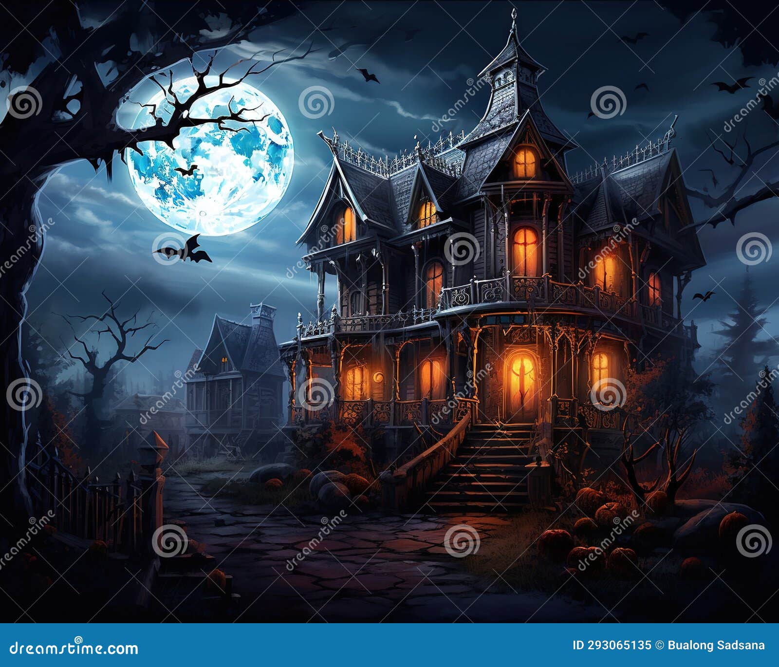 Victorian House of Terror with a Full Moon. Stock Illustration ...