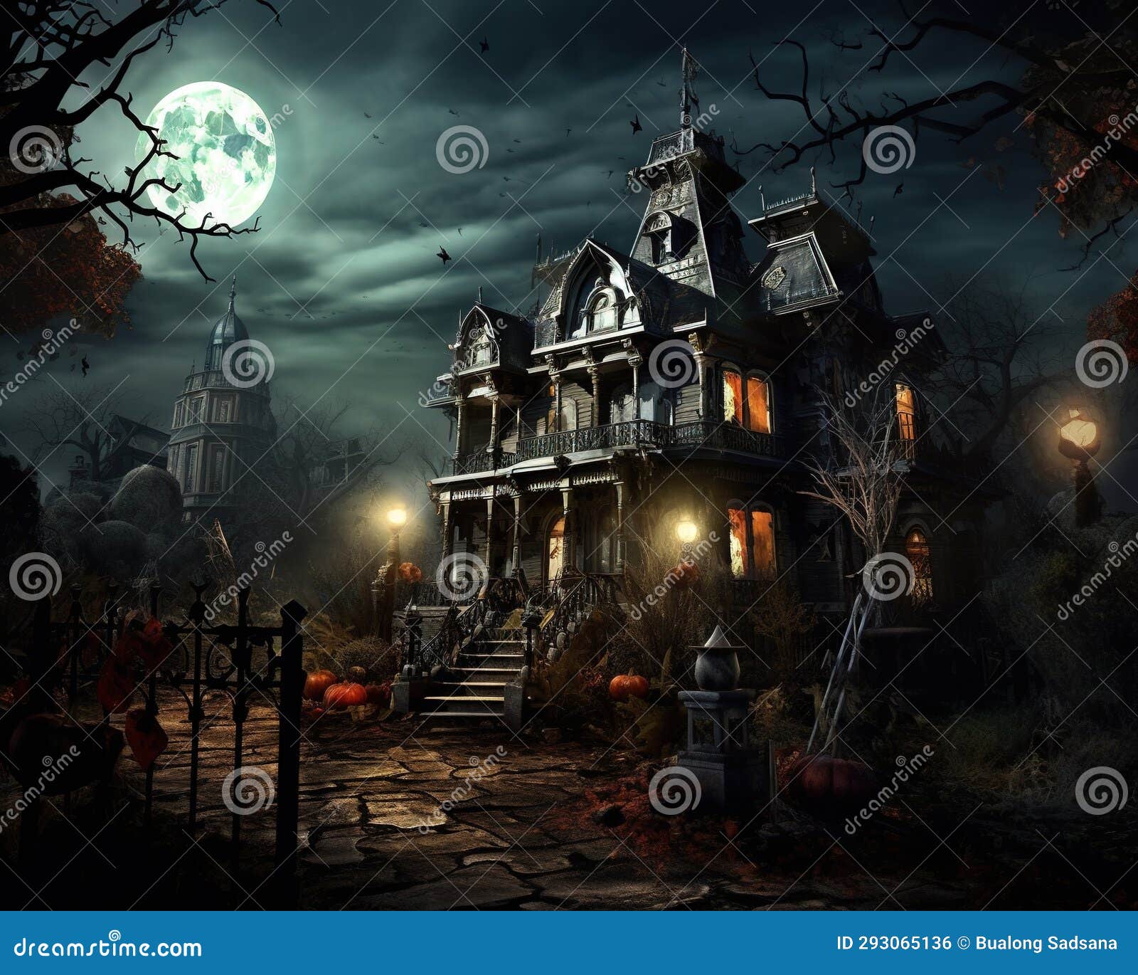 Victorian House of Terror with a Full Moon. Stock Illustration ...