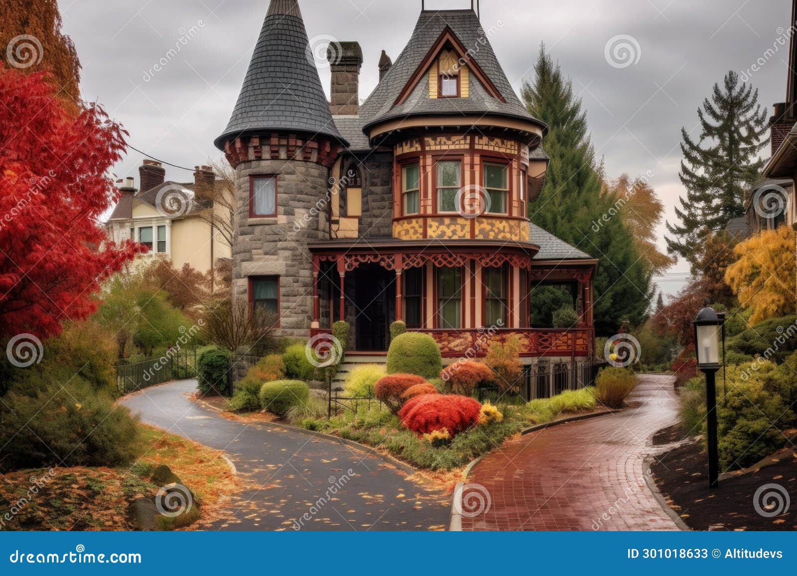 A Victorian House with a Turret and a Cobblestone Pathway Stock Image ...