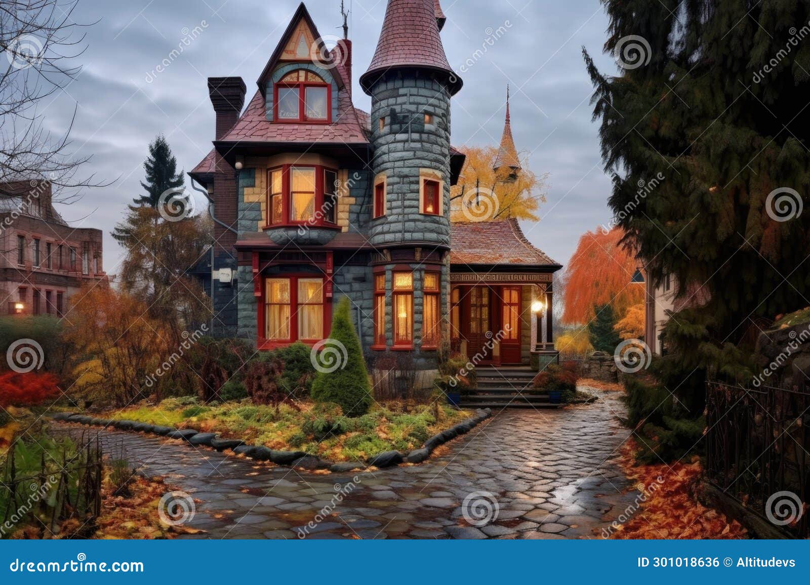 A Victorian House with a Turret and a Cobblestone Pathway Stock Photo ...
