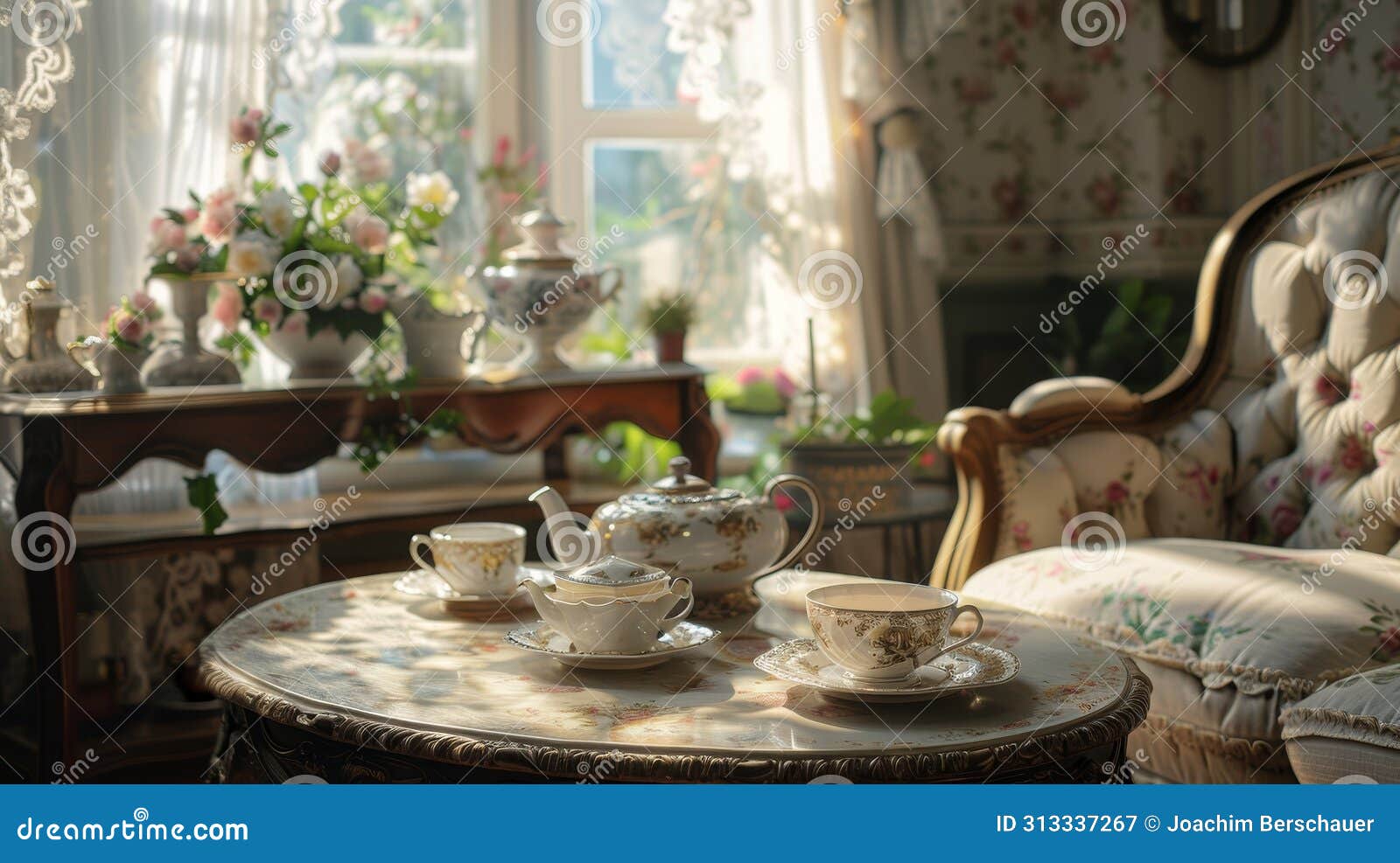 Victorian London Parlor High Tea Setup, Intricate China, Soft Light ...