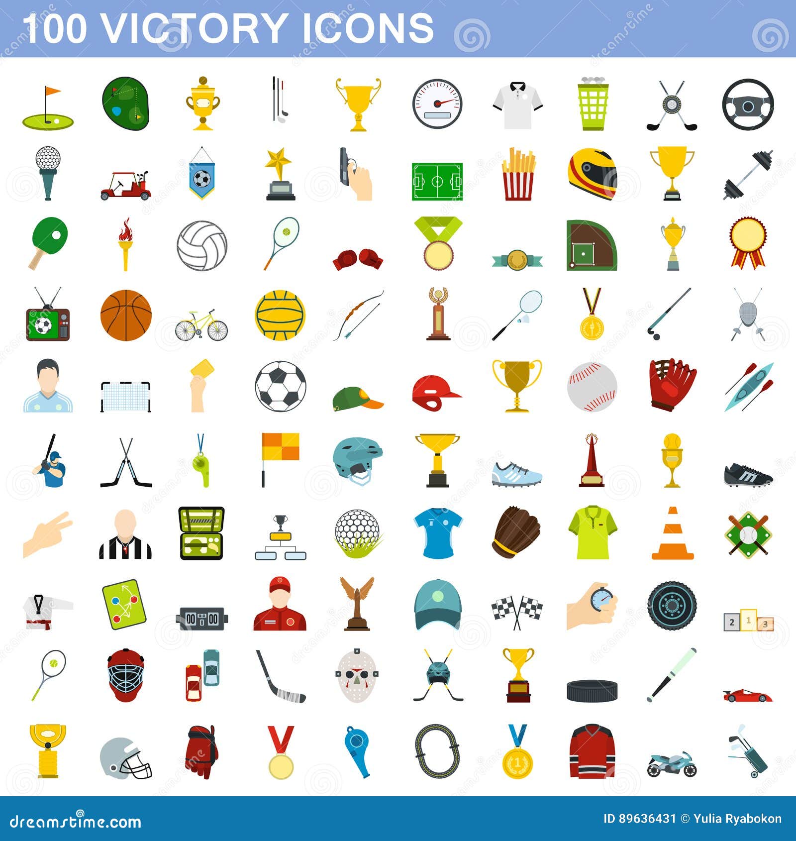 100 Victory Icons Set, Flat Style Stock Vector - Illustration of cone ...