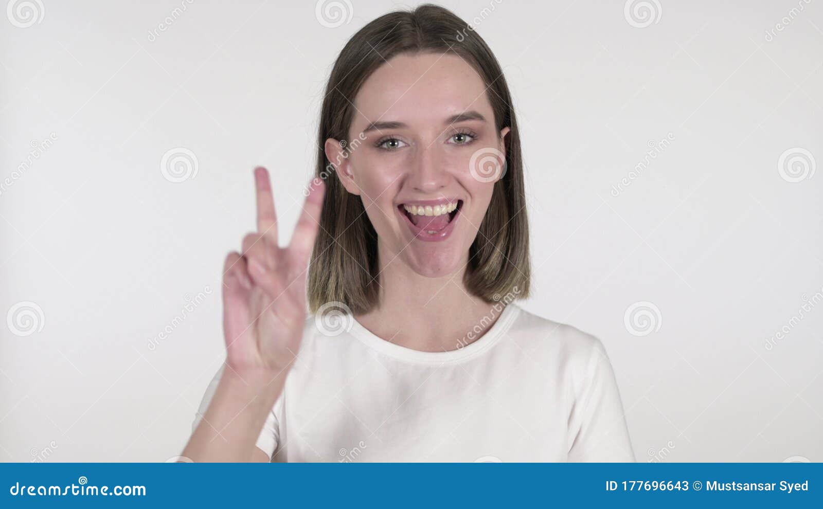 Victory Sign by Young Woman on White Background Stock Image - Image of ...