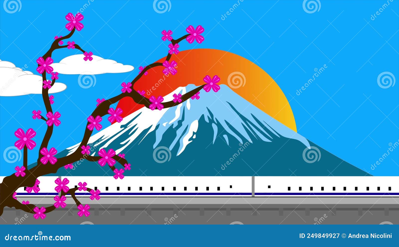 Animated Drawing of Mount Fuji Where the Sun Rises and the Train Passes ...