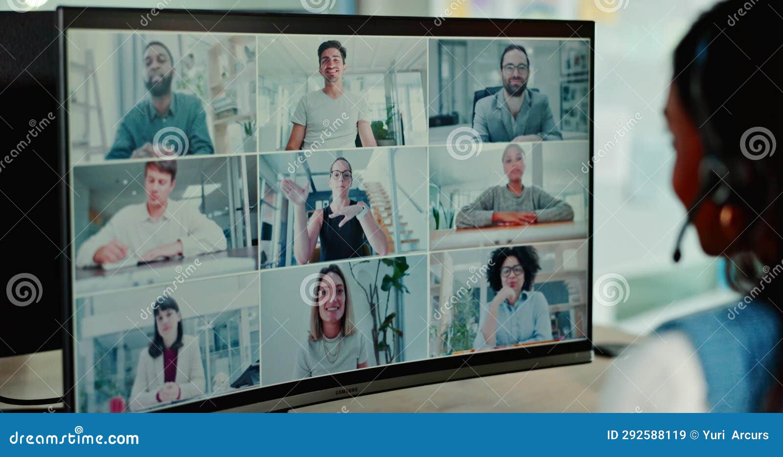 Video Call, Computer Screen and Woman in a Office with Online Teamwork ...