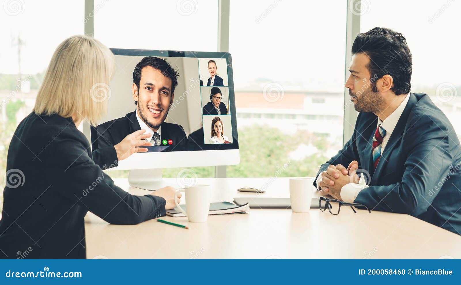 Video Call Group Business People Meeting on Virtual Workplace or Remote ...